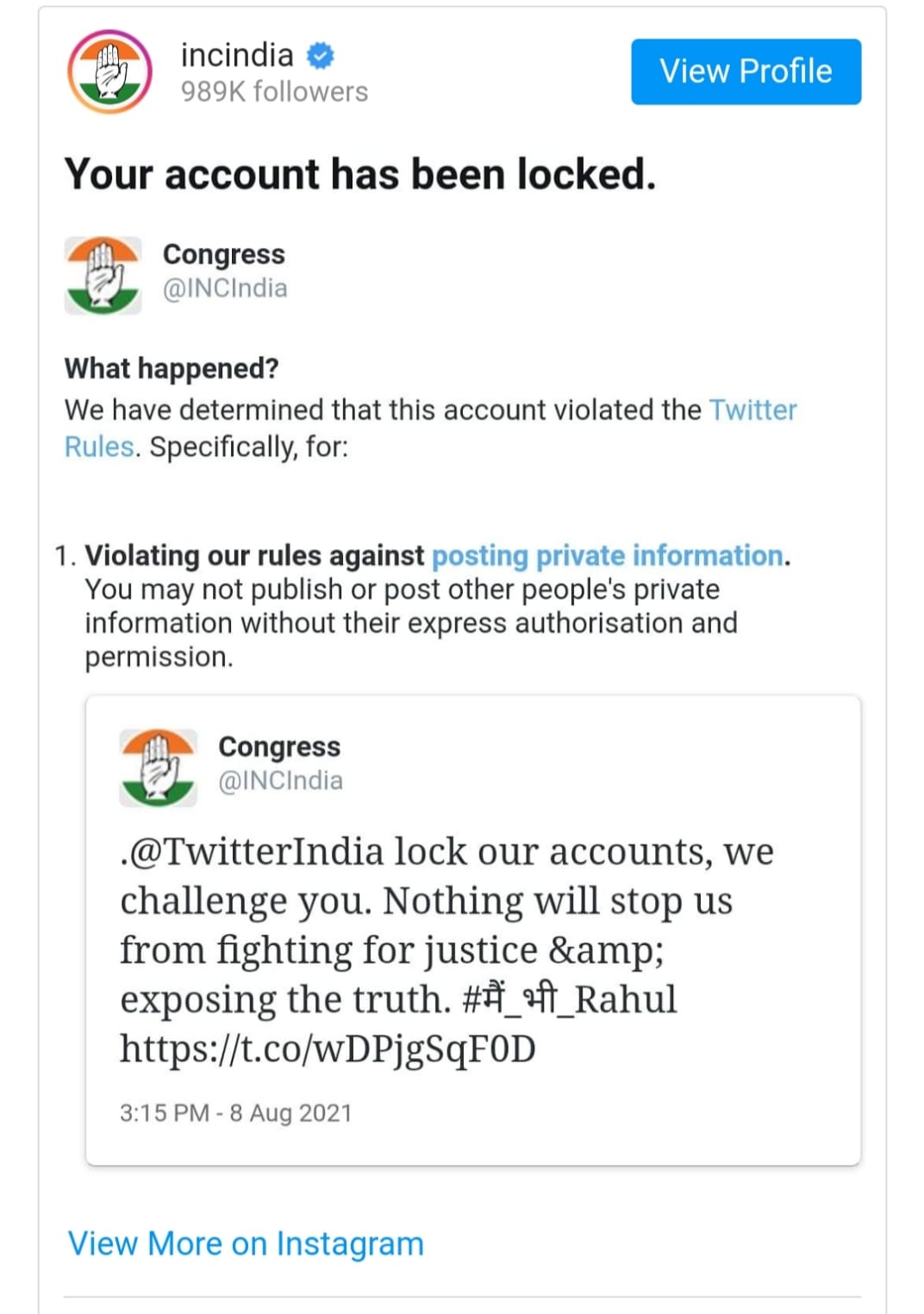 Official Twitter Account Of Congress Locked; Party Cries On Instagram